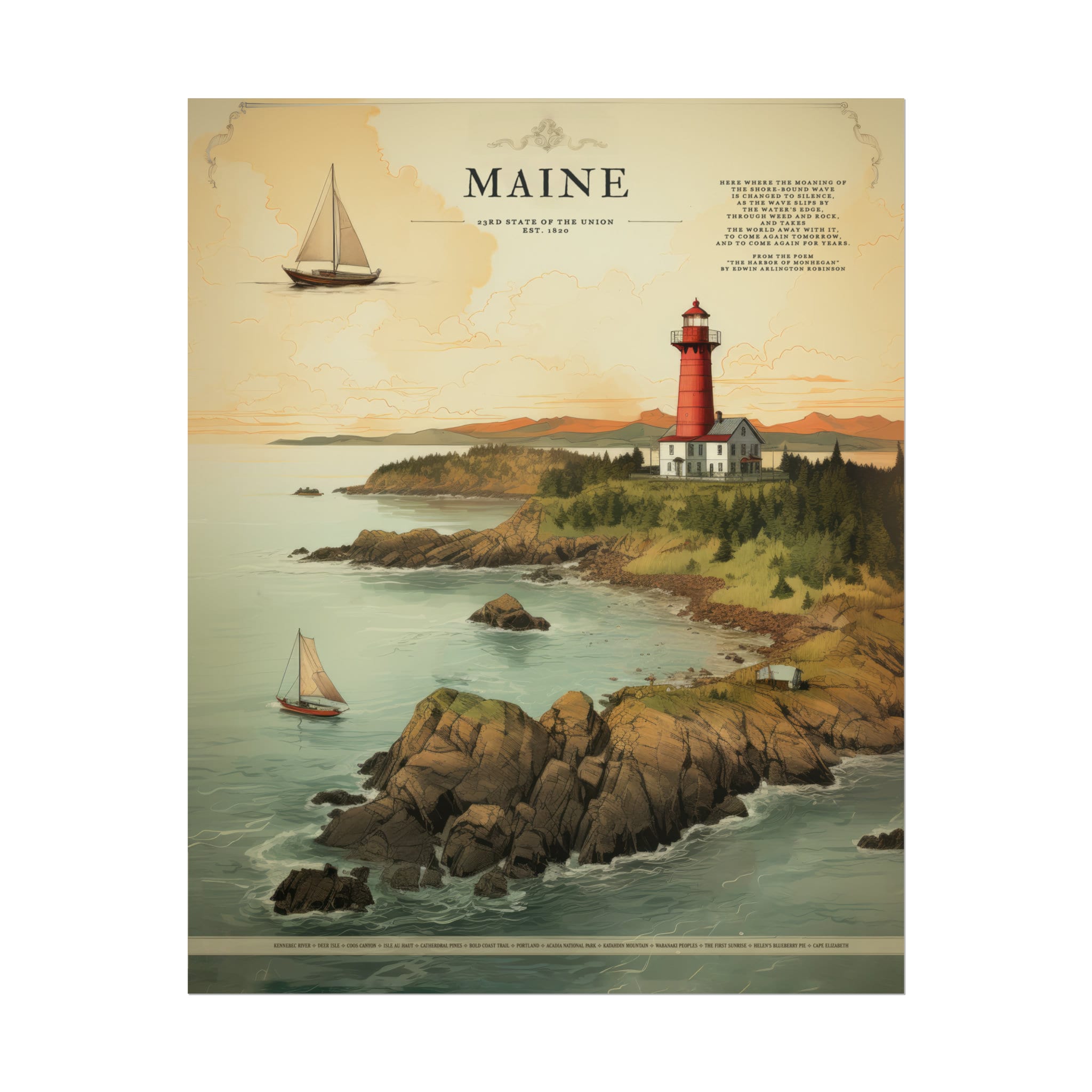 Maine State Vintage Poster Travel Print Fine Art Paper - Etsy