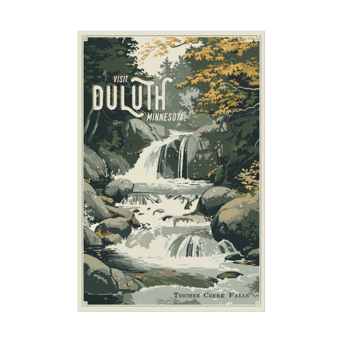 Duluth, Minnesota Poster - Tischer Creek Falls - Midcentury Modern ...