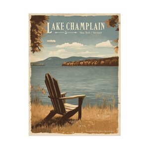 Lake Champlain Travel Poster - Vermont and New York, Adirondack Chair ...