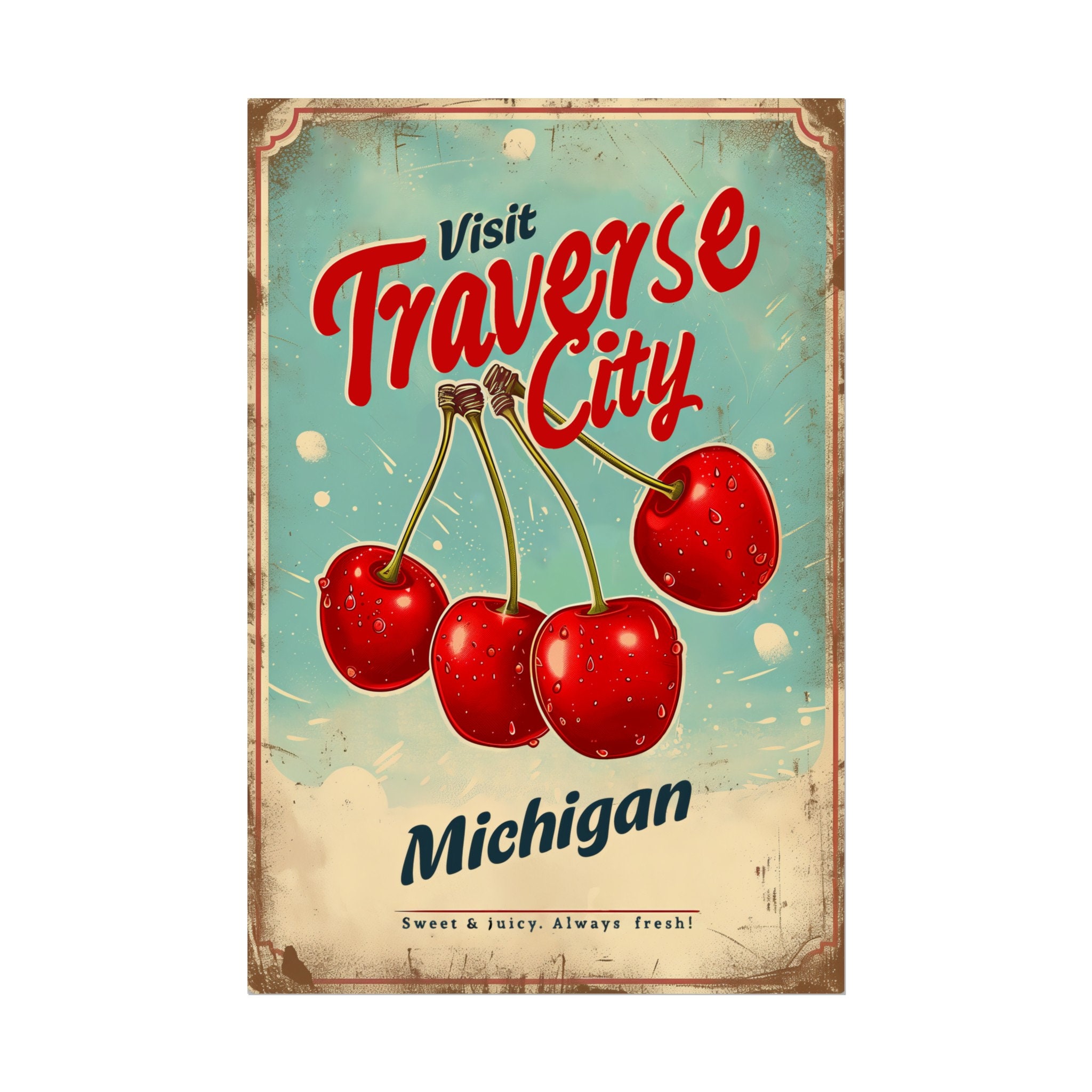 Traverse City Poster, Michigan Sweet Cherries, Cherry Festival Souvenir ...