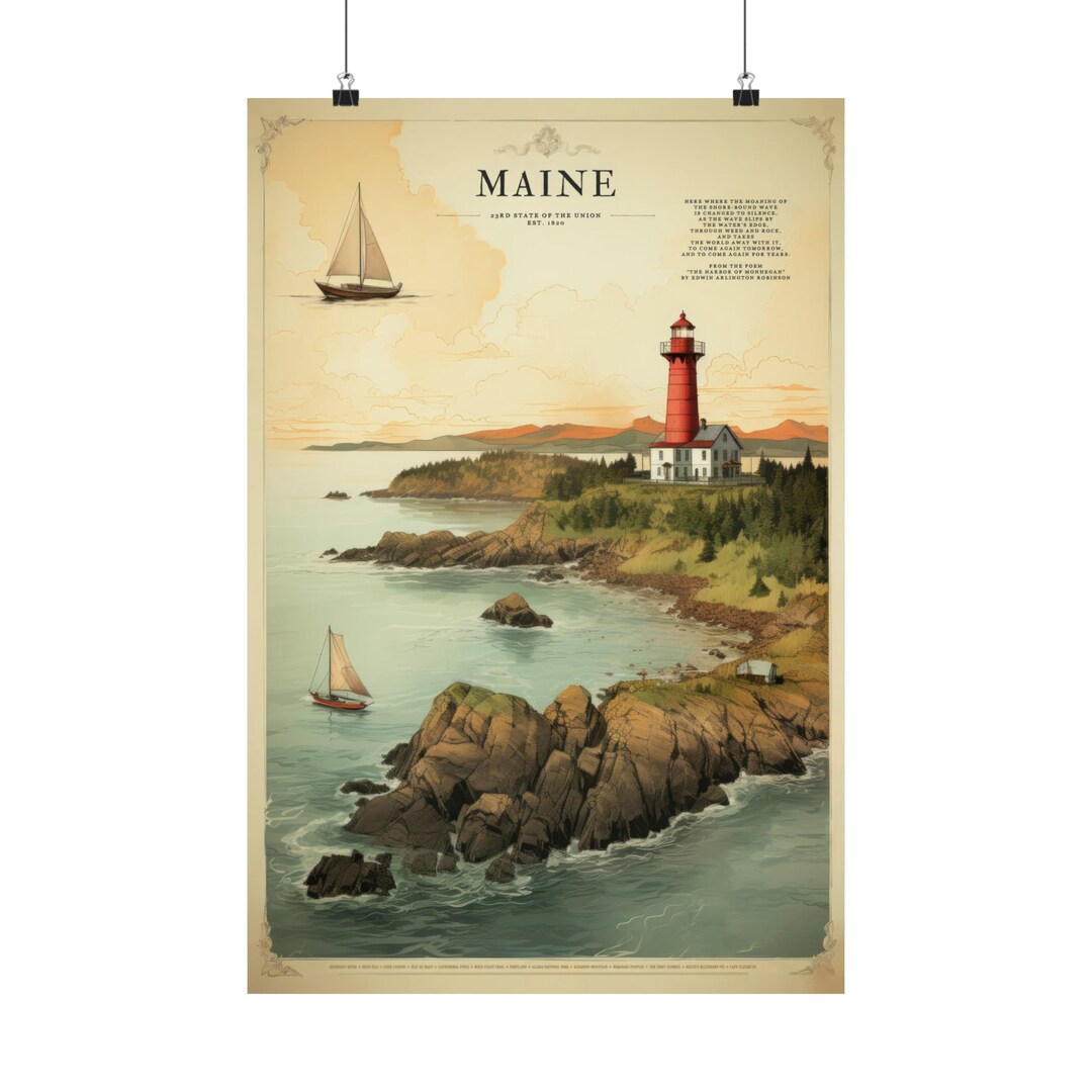 Maine State Vintage Poster - Travel Print - Premium Matte Paper - Etsy