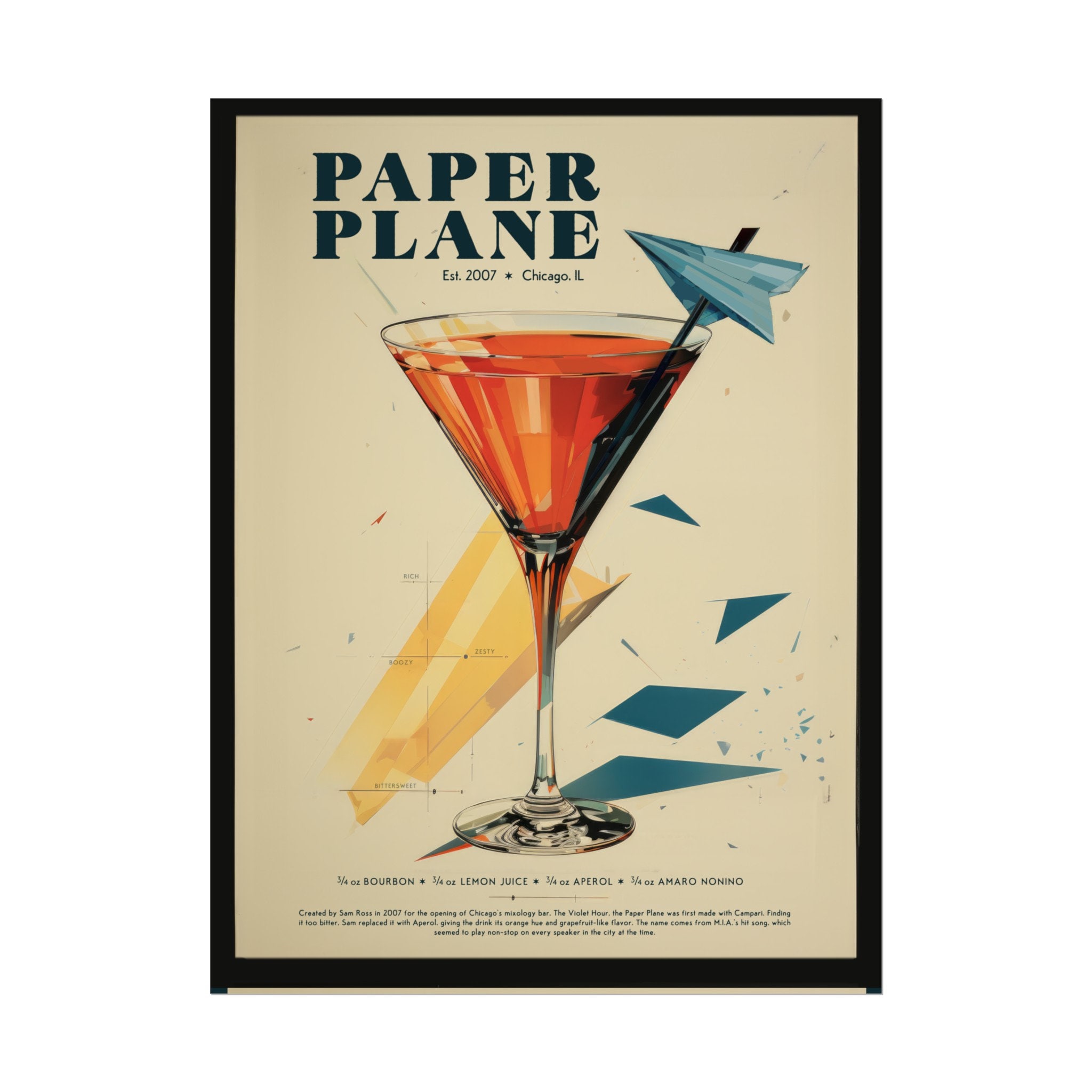 Paper Plane Cocktail Recipe Poster Various Sizes: 5x7, 11x14, 11x17 ...