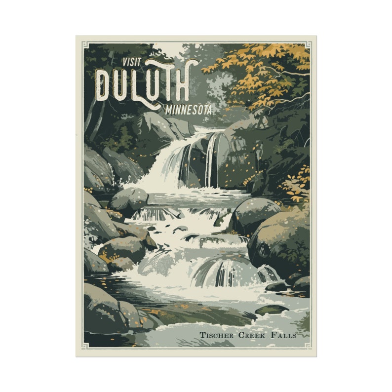 Duluth, Minnesota Poster - Tischer Creek Falls - Midcentury Modern ...