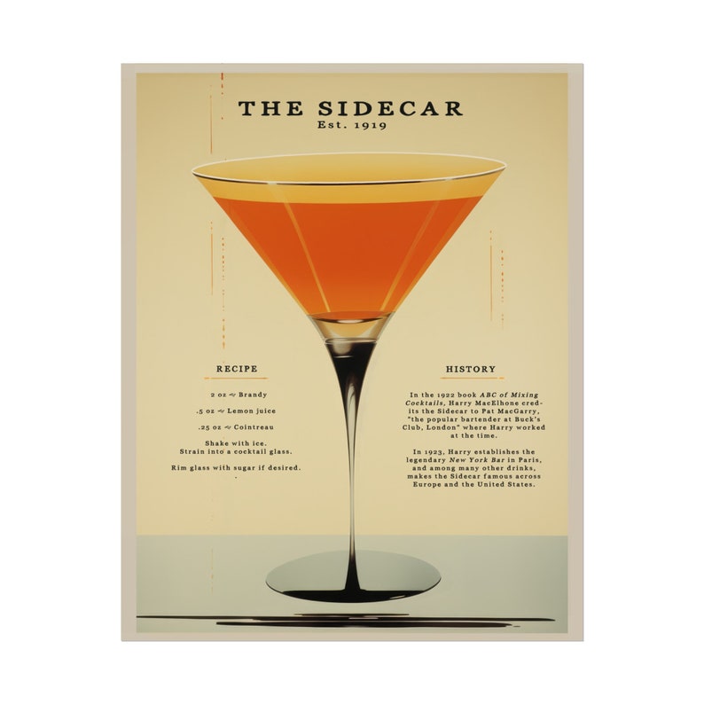 Sidecar Recipe Cocktail Poster and History Art Deco Print Sizes 11x14 ...