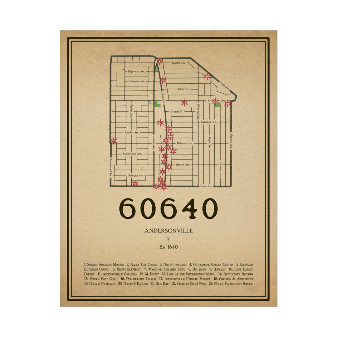 Andersonville 2024 Chicago Street Map Poster - 60640 Zipcode - Vintage ...