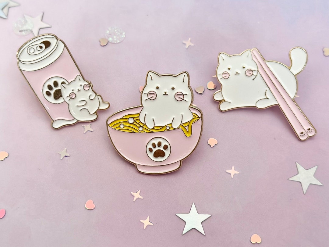 Cute Ramen Noodles Cat Enamel Pin, Cat Enamel Pin, Cute Kawaii Cat Pins, Chibi Cats, Kawaii Pin ...