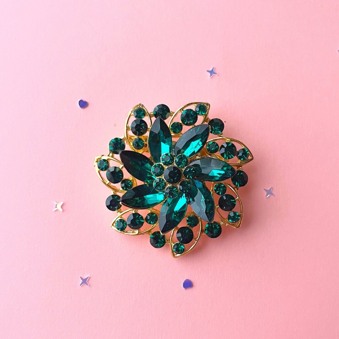 Emerald Green Brooch, Emerald Green Crystal Brooch, Rhinestone Emerald ...