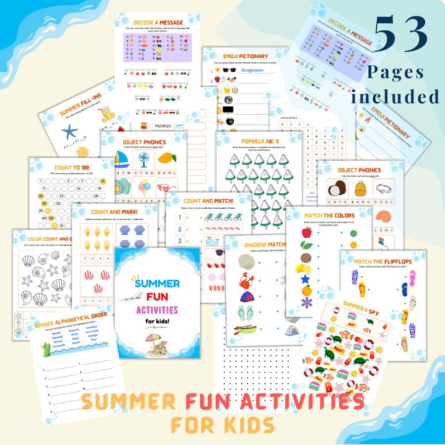 53 Pages of Summer Fun Activities for Kids ;summer Camp Activity ...