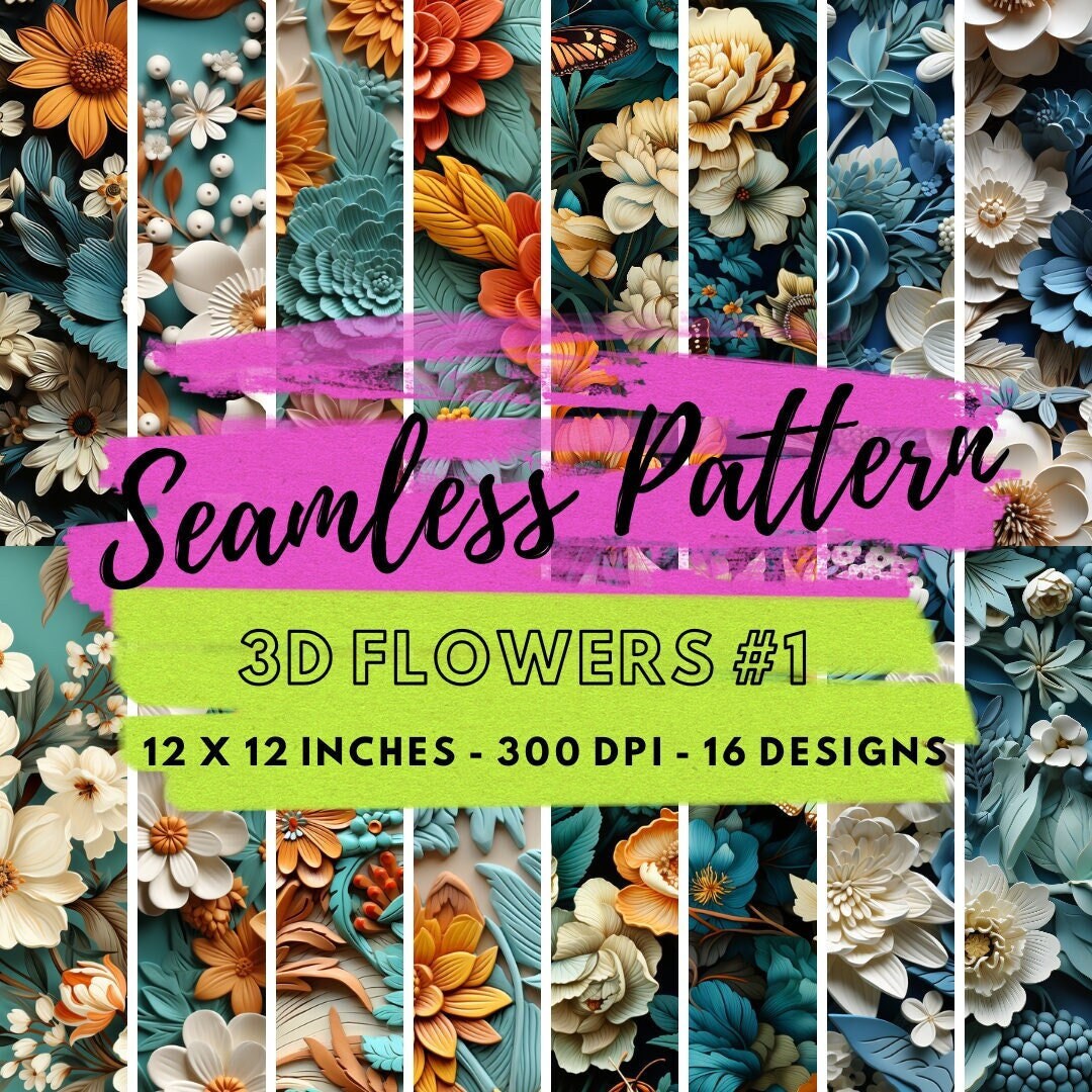 3D Flowers #1 SEAMLESS PATTERN – 3D Floral Digital Paper Pack – 16 ...