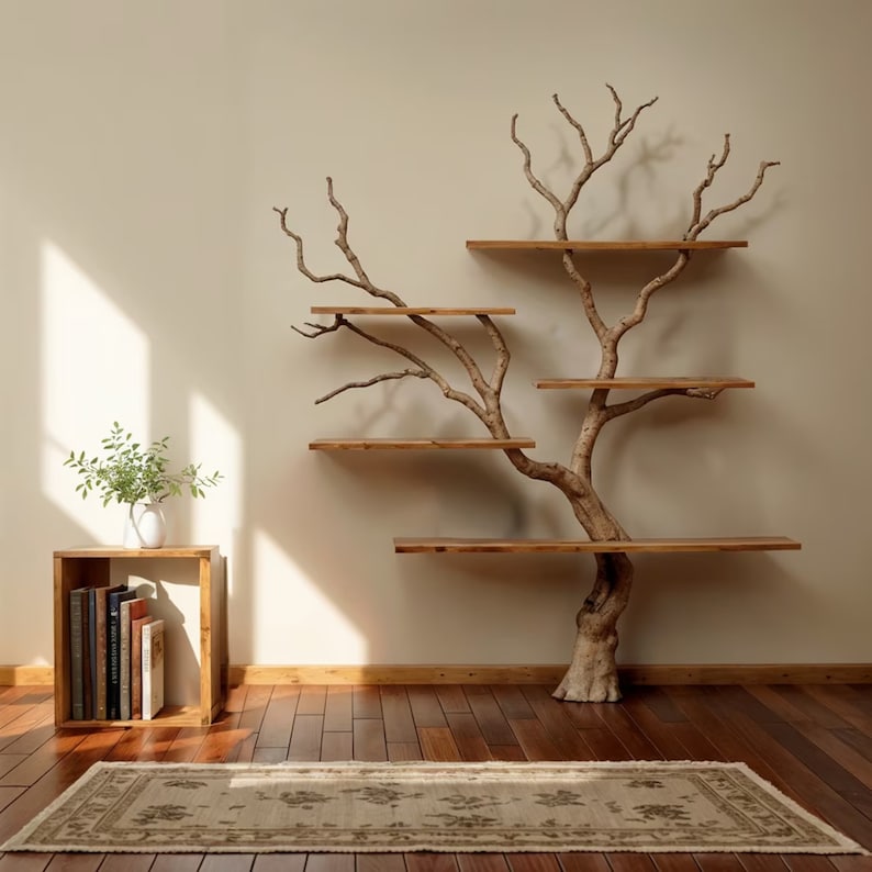 Tree Branch Floating Shelves Wall Mount Solid Wood Live Edge Bookshelf ...