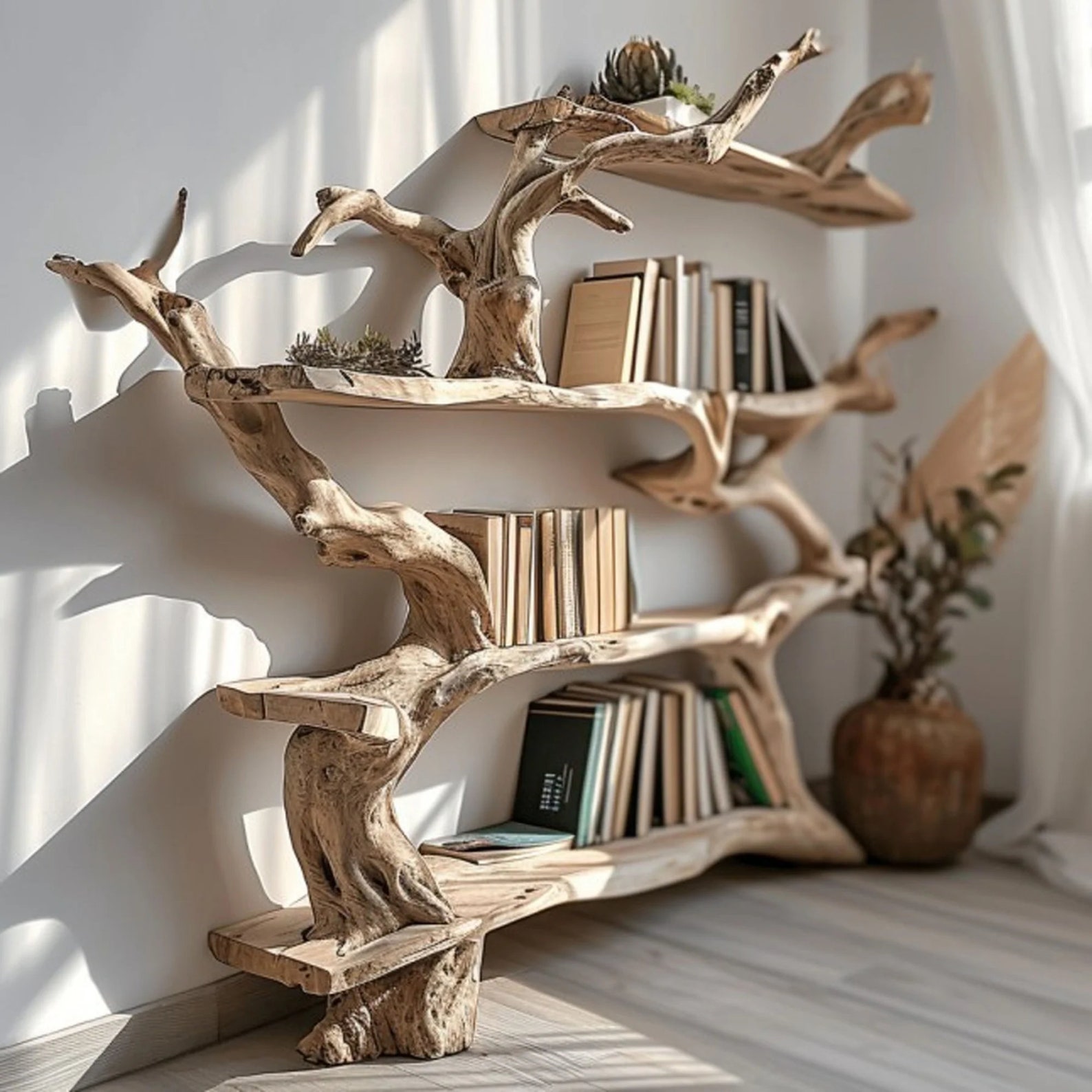 Tree Branch Standing Corner Shelf Driftwood Rustic Bookcase Floating ...