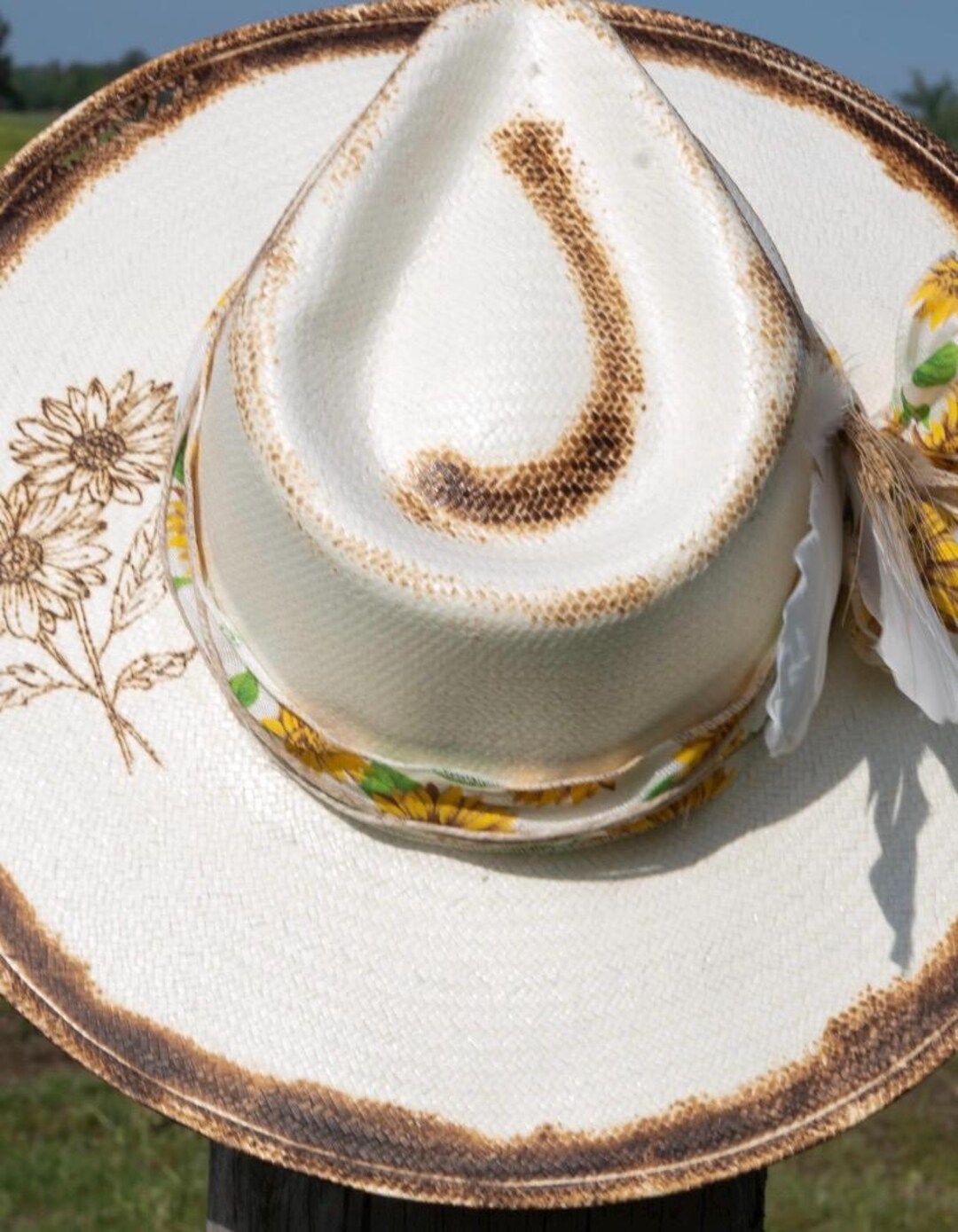 Custom Distressed Straw Western Hat: Burnt Sunflower and Floral Design ...