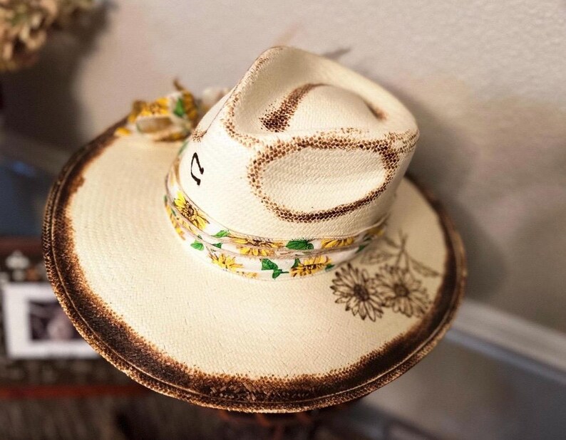 Custom Distressed Straw Western Hat: Burnt Sunflower and Floral Design ...