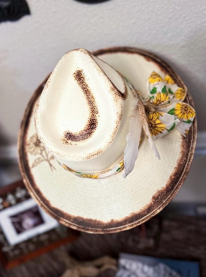 Custom Distressed Straw Western Hat: Burnt Sunflower and Floral Design ...