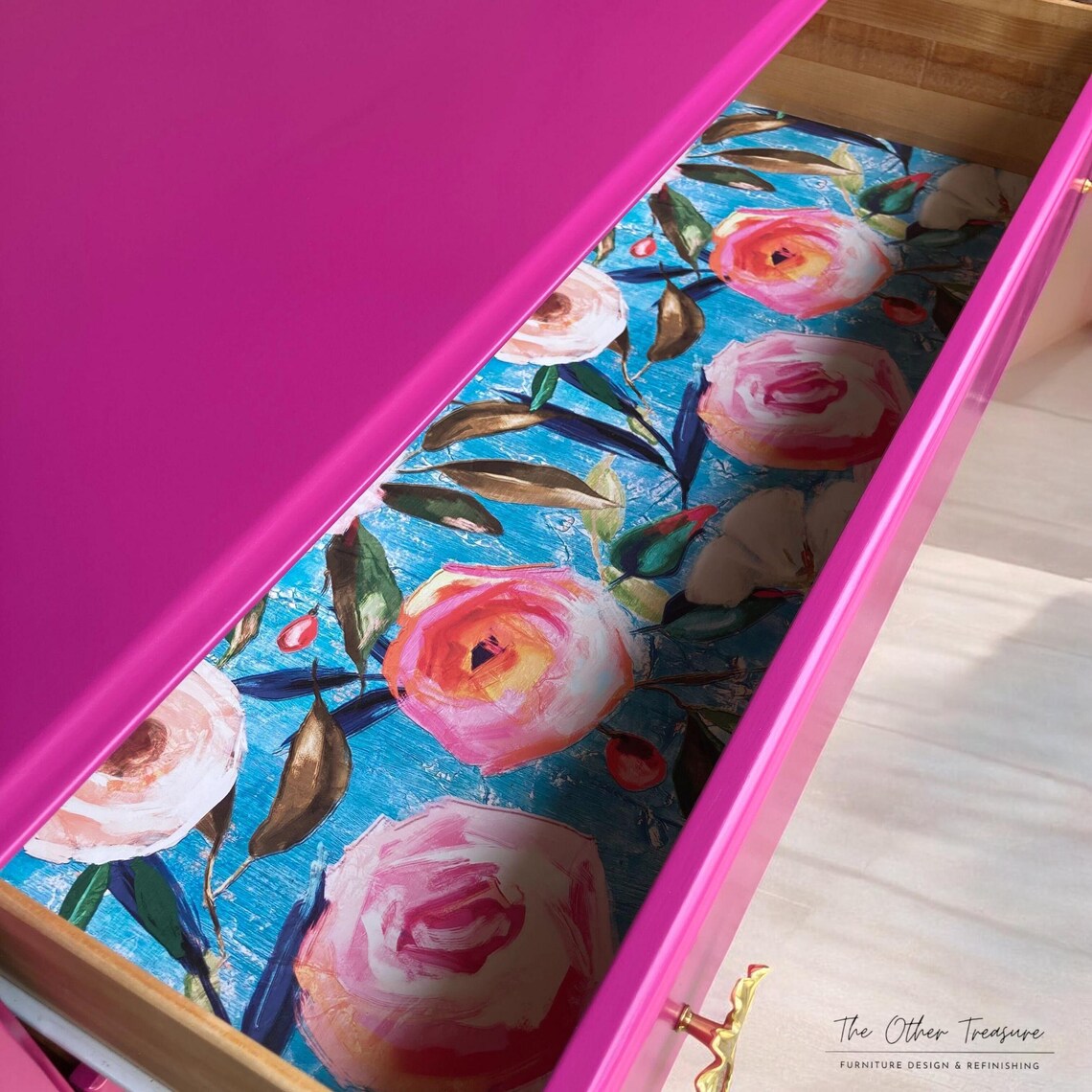 SOLD - Bold Hot Pink Dresser With Floral Drawer Liners & Gold Ginkgo ...