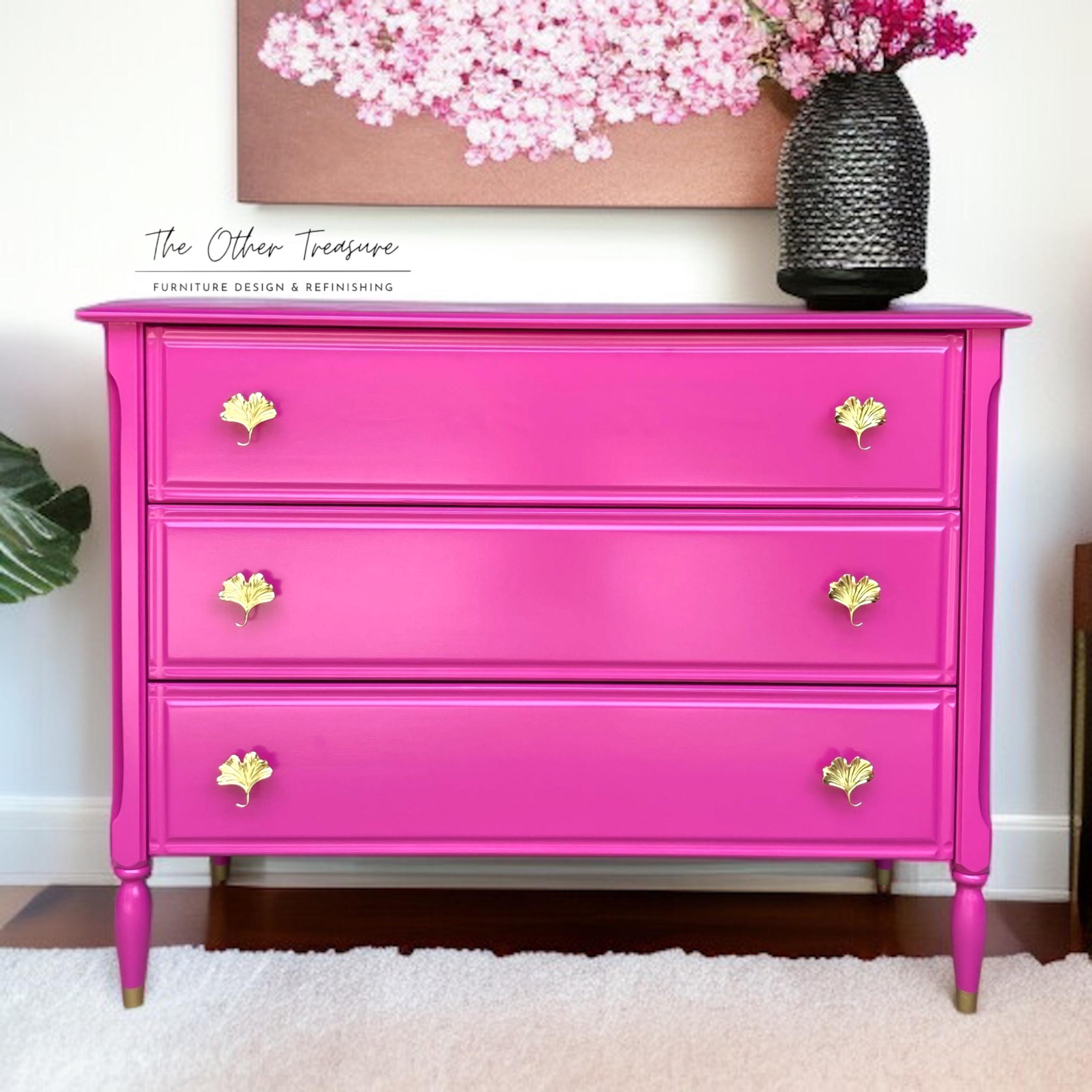 SOLD - Bold Hot Pink Dresser With Floral Drawer Liners & Gold Ginkgo ...