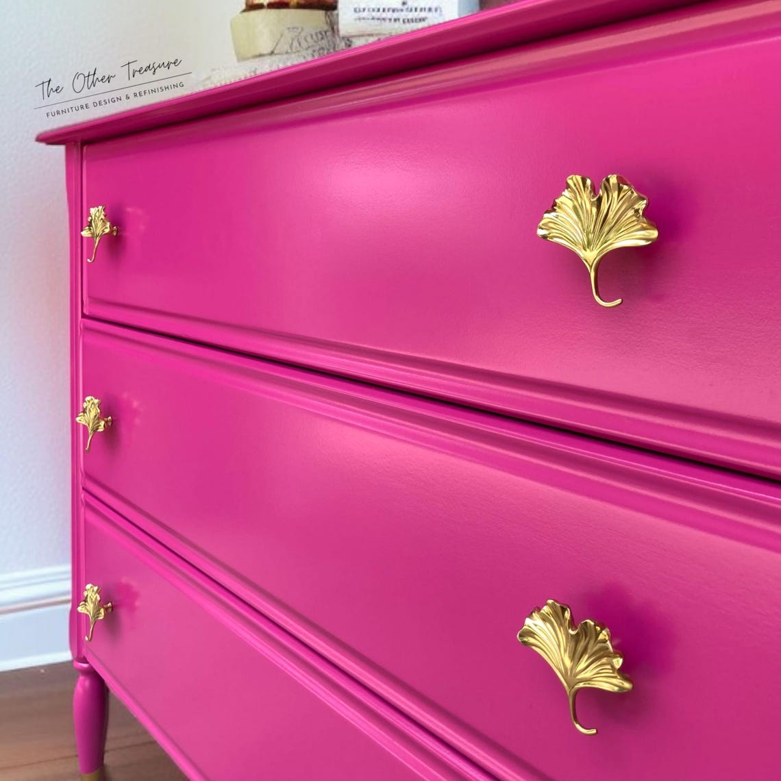 SOLD - Bold Hot Pink Dresser With Floral Drawer Liners & Gold Ginkgo ...