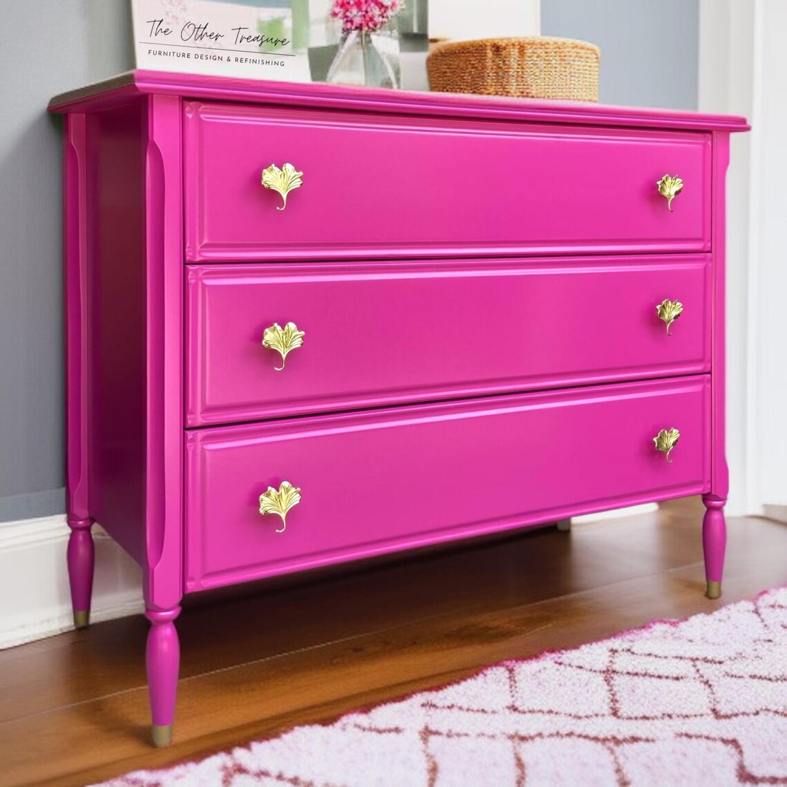 SOLD - Bold Hot Pink Dresser With Floral Drawer Liners & Gold Ginkgo ...