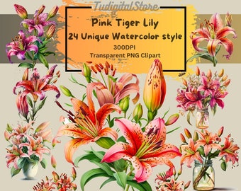 Watercolor Tiger Lily Clipart 24 Lilies in PNG Format Summer Flower ...