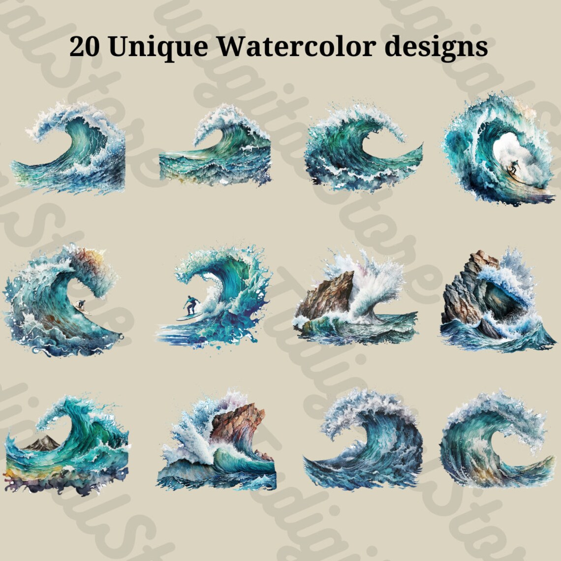 Watercolor Ocean Waves Clipart 20 Ocean Waves PNG Summer PNG Instant ...