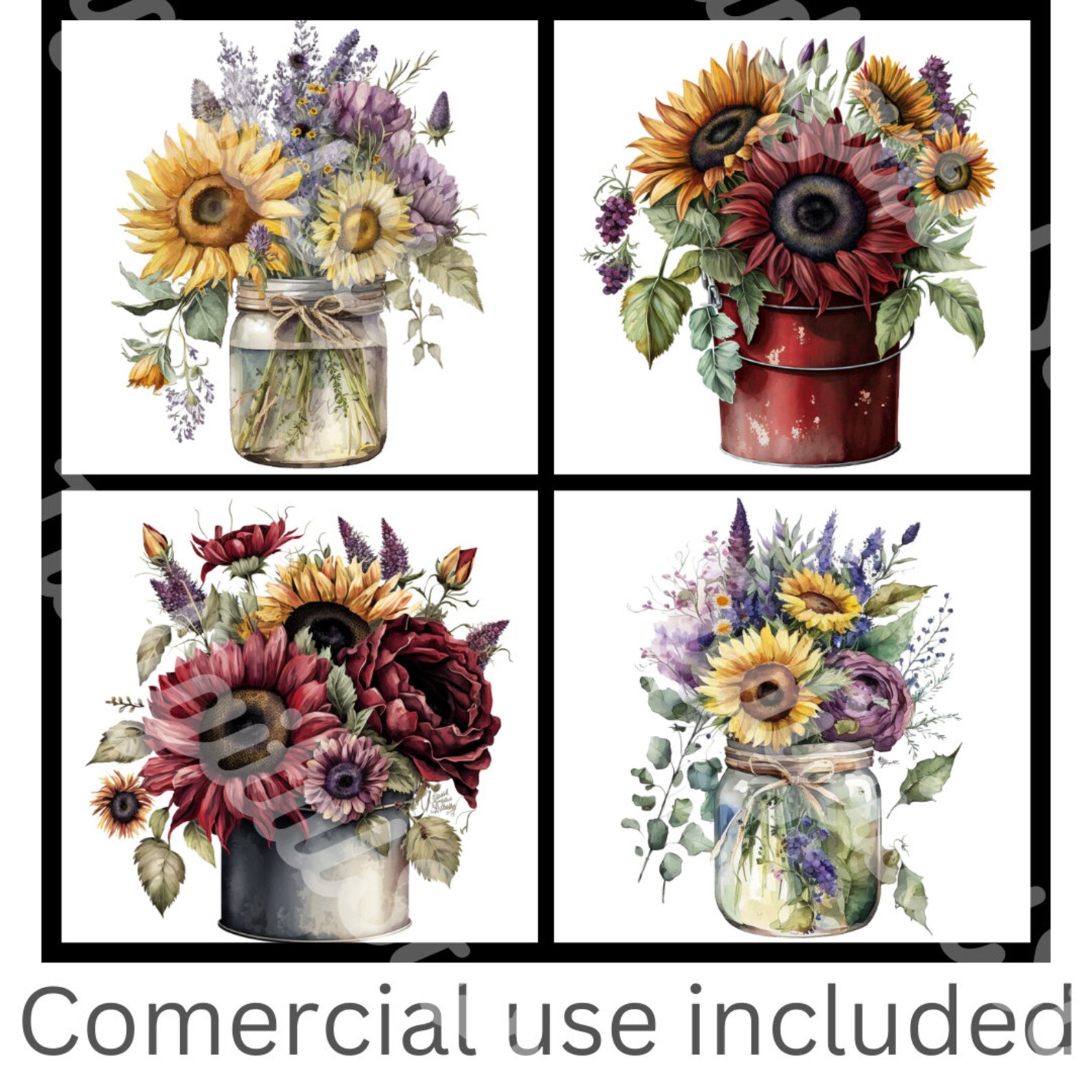 Watercolor Sunflowers & Roses Bouquets Clipart - Summer Floral Bouquets ...