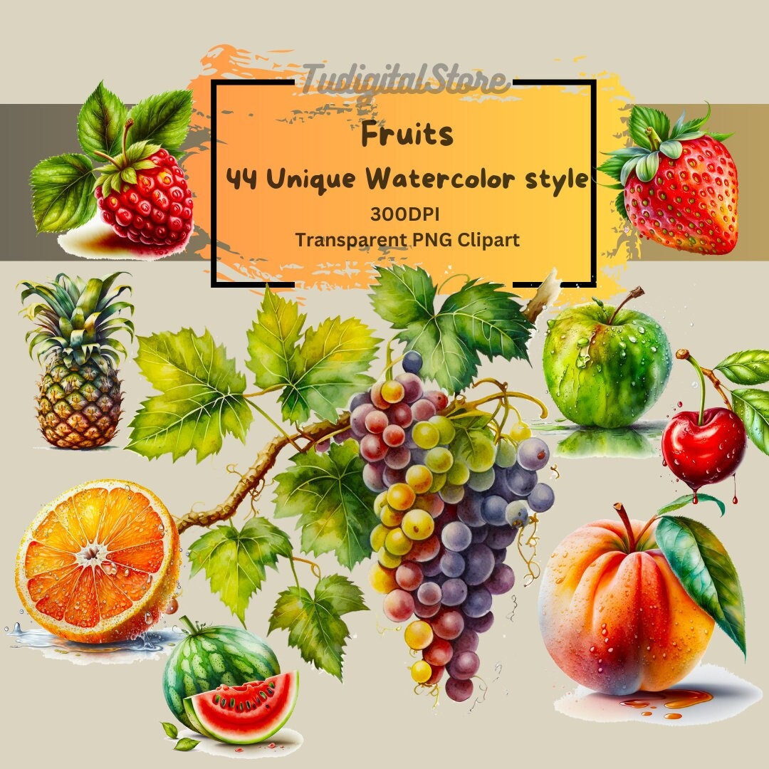 Watercolor Fruits Clipart, 44 PNG Fruits Art Summer Fruit Apple ...