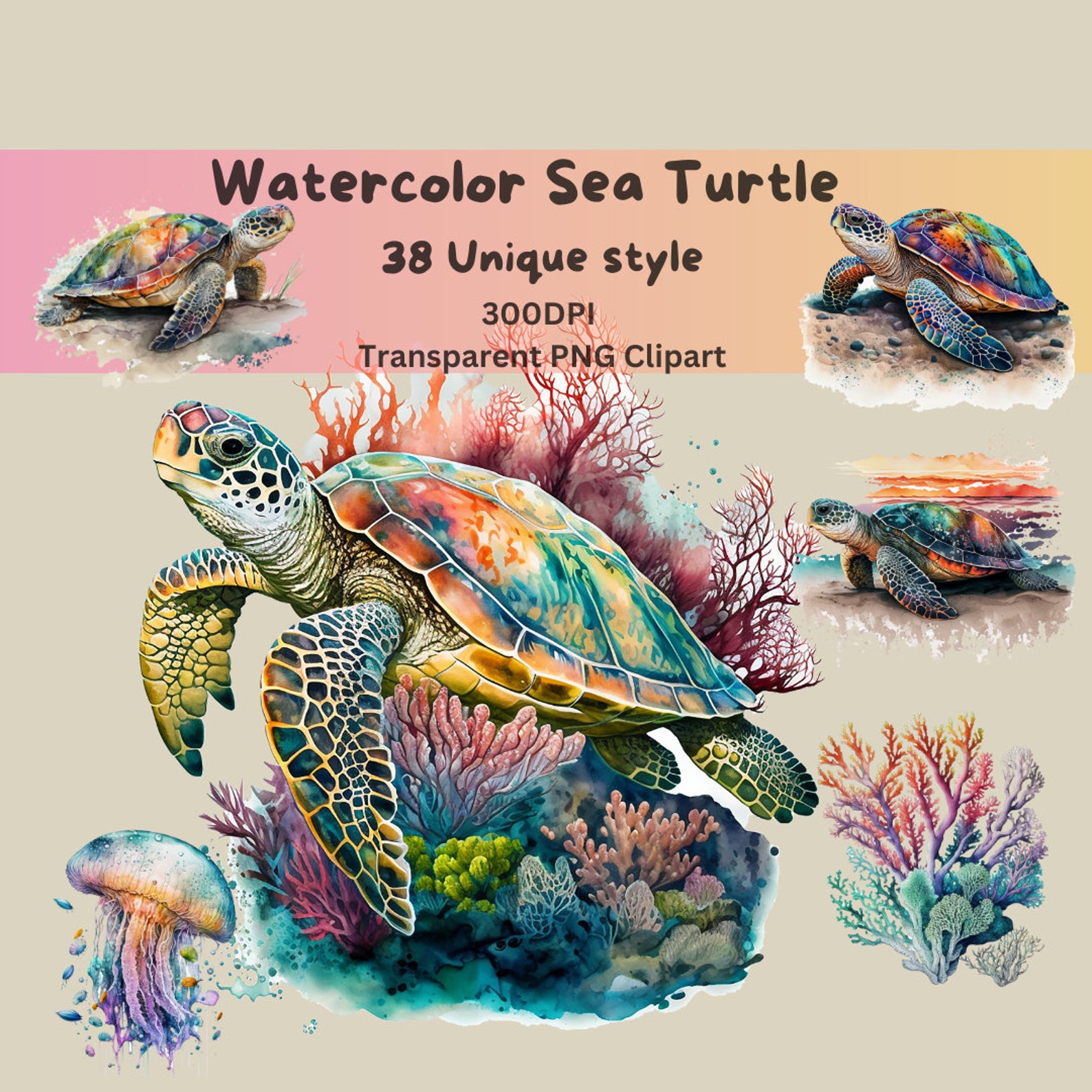 Watercolor Colorful Sea Turtle Clipart 38 Ocean Animals PNG - Etsy