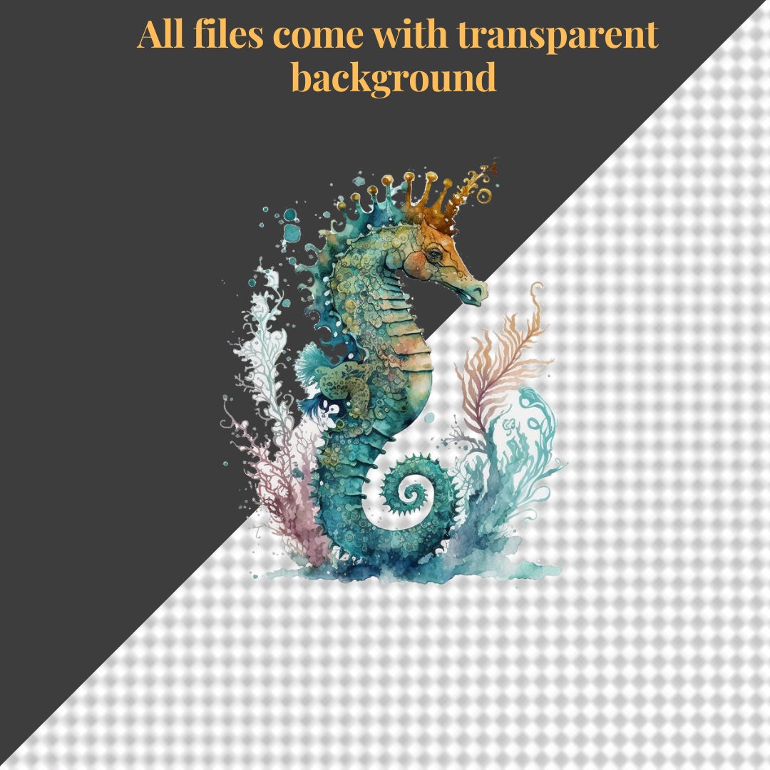 Watercolor Seahorse Clipart - 30 Ocean Animals PNG - Colorful Seahorse ...