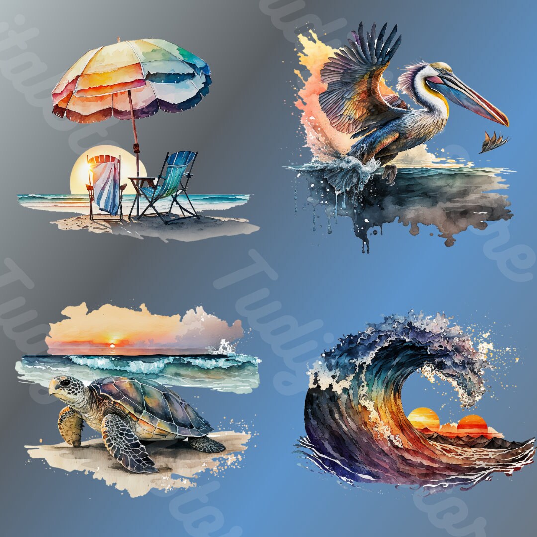 Watercolor Sunset Beach Clipart 30 Sunset Beach Life PNG Sea Turtle ...