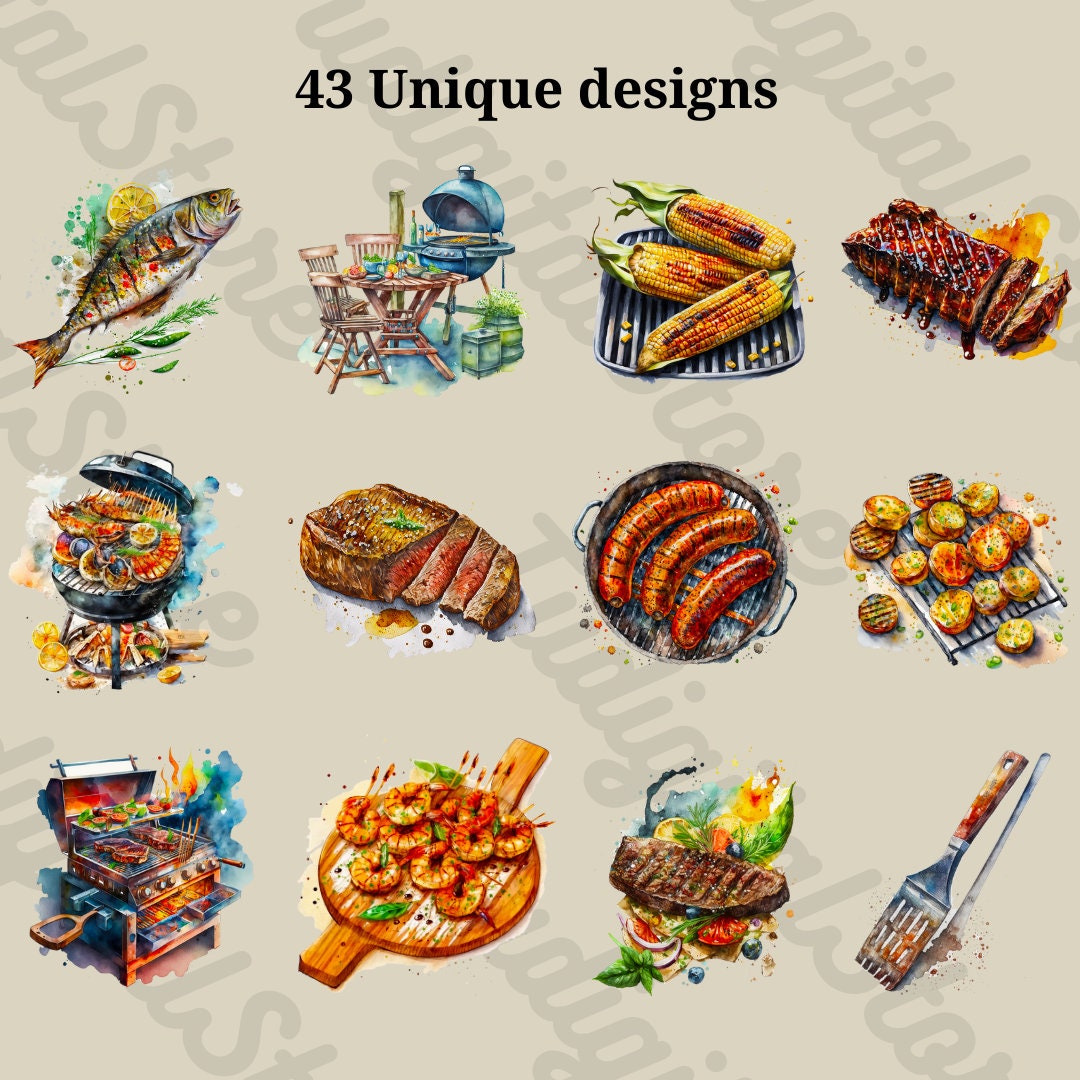 Watercolor BBQ Clipart 43 Delicious PNG Bundle Food PNG Grill Steak ...