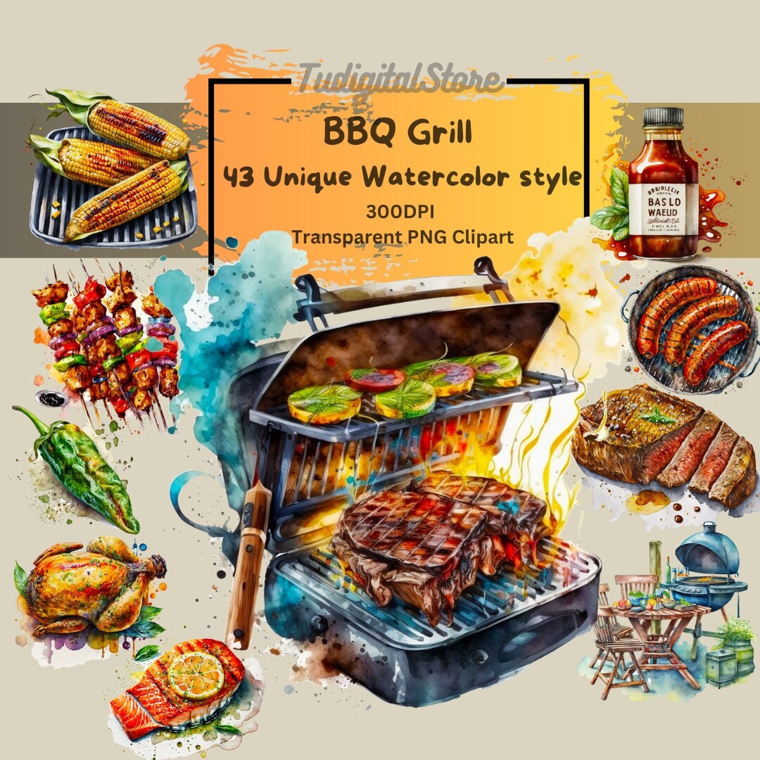 Watercolor BBQ Clipart - 43 Delicious PNG Bundle - Food PNG - Grill ...