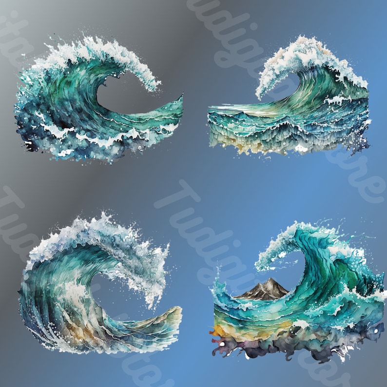 Watercolor Ocean Waves Clipart - 20 Ocean Waves PNG - Summer PNG ...