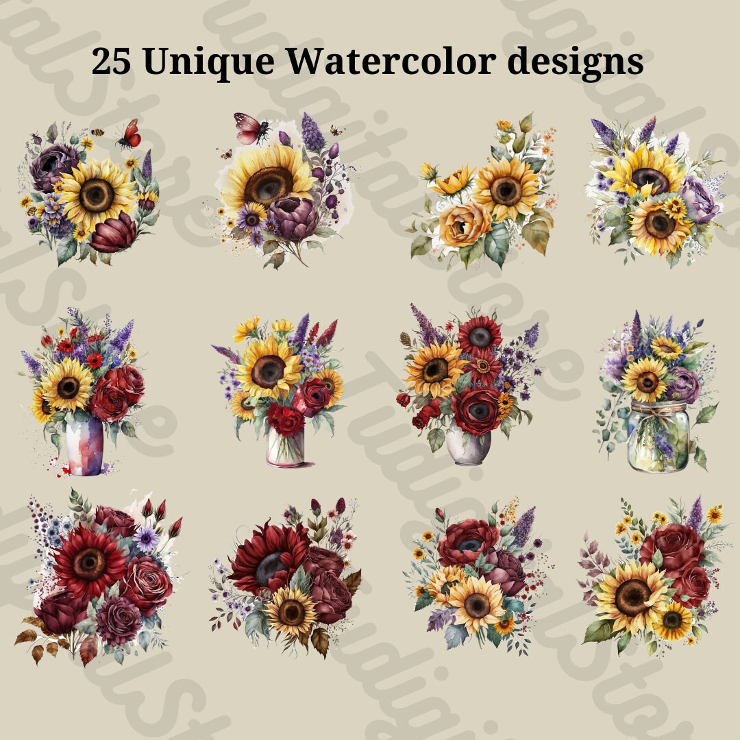 Watercolor Sunflowers & Roses Bouquets Clipart - Summer Floral Bouquets ...