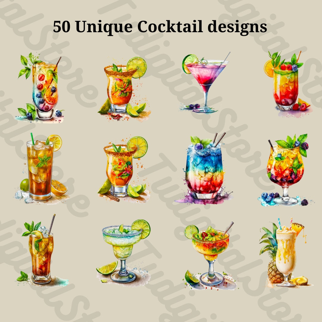 Watercolor Summer Cocktail Clipart - 50 Summer Drinks PNG - Cocktail ...