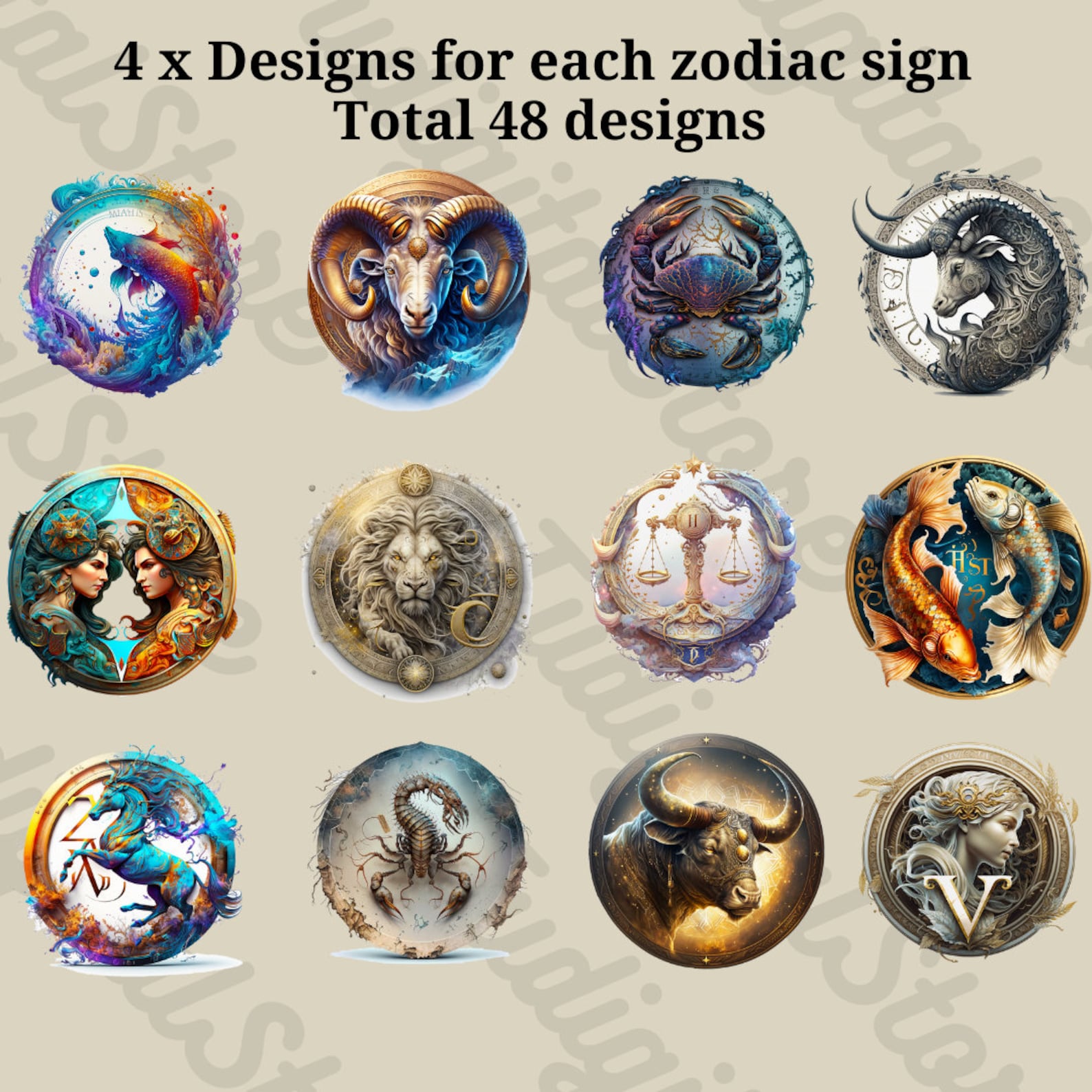 Zodiac Signs Clipart Horoscope Clip Art Bundle - 48 PNG Zodiac Sings ...