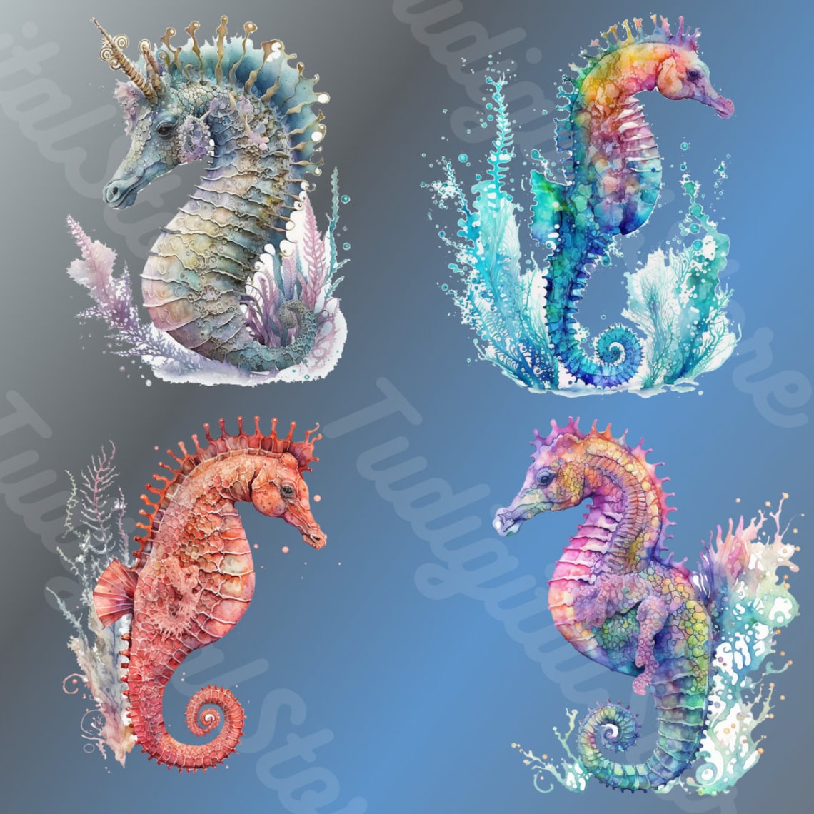 Watercolor Seahorse Clipart 30 Ocean Animals PNG Colorful Seahorse Clip ...