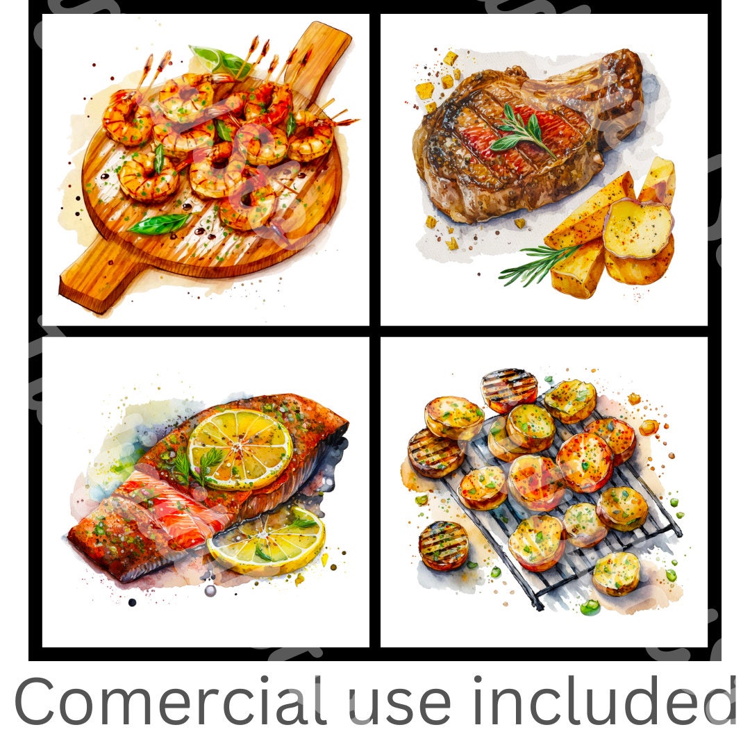 Watercolor BBQ Clipart 43 Delicious PNG Bundle Food PNG Grill Steak ...