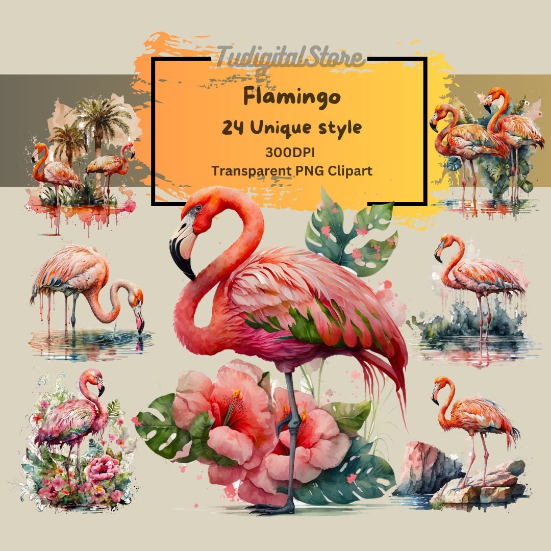 Watercolor Flamingo Clipart - 24 Tropical Birds PNG - Pink Bird ...
