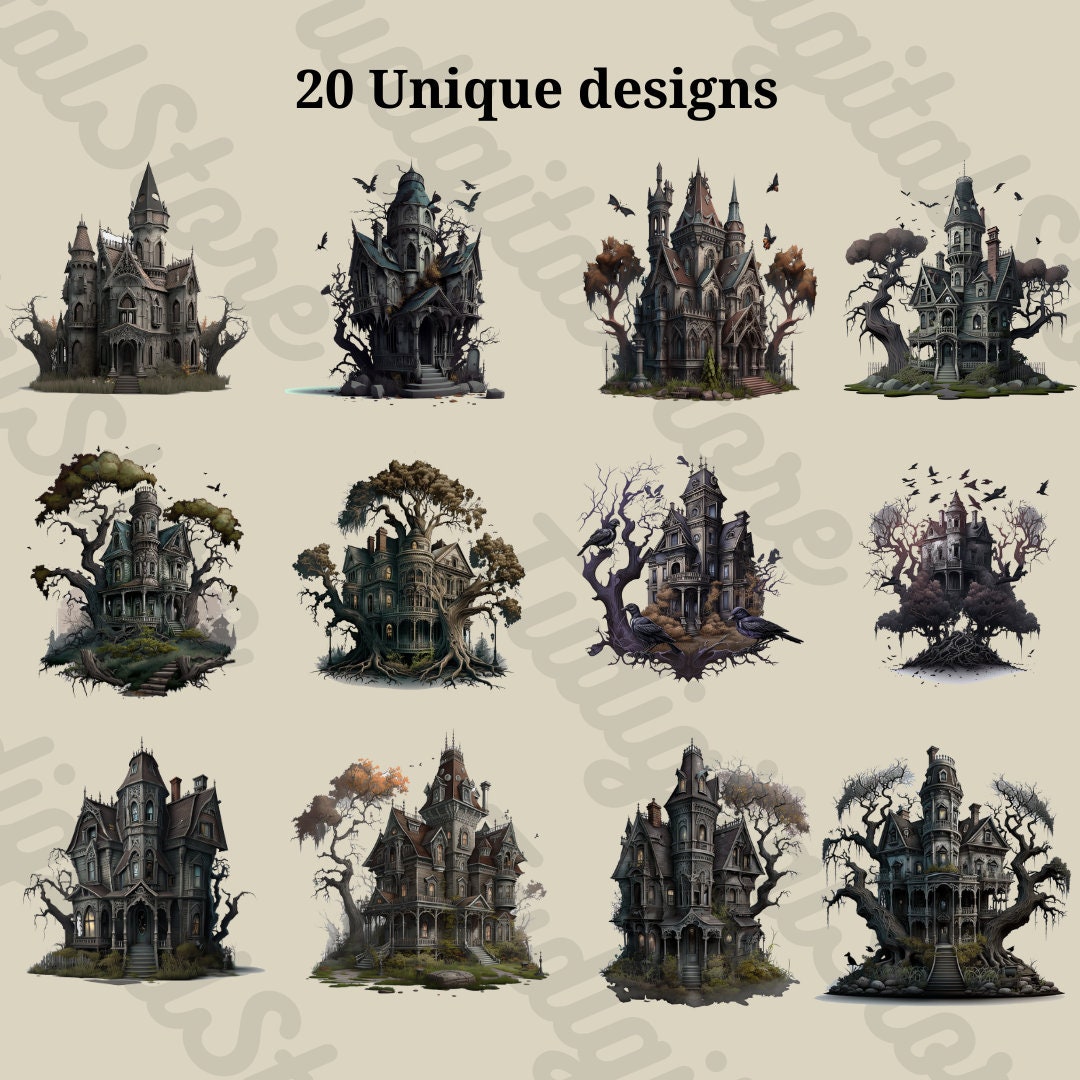 Haunted House Clipart - 20 Spooky Manor Gothic Style - Halloween-themed ...