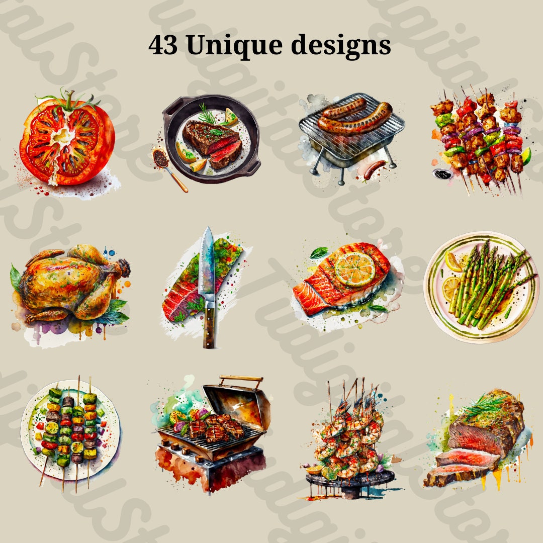 Watercolor BBQ Clipart 43 Delicious PNG Bundle Food PNG Grill Steak ...