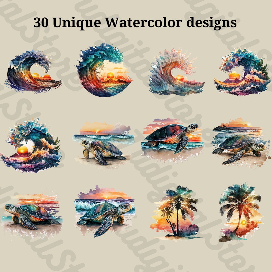 Watercolor Sunset Beach Clipart 30 Sunset Beach Life PNG Sea Turtle ...