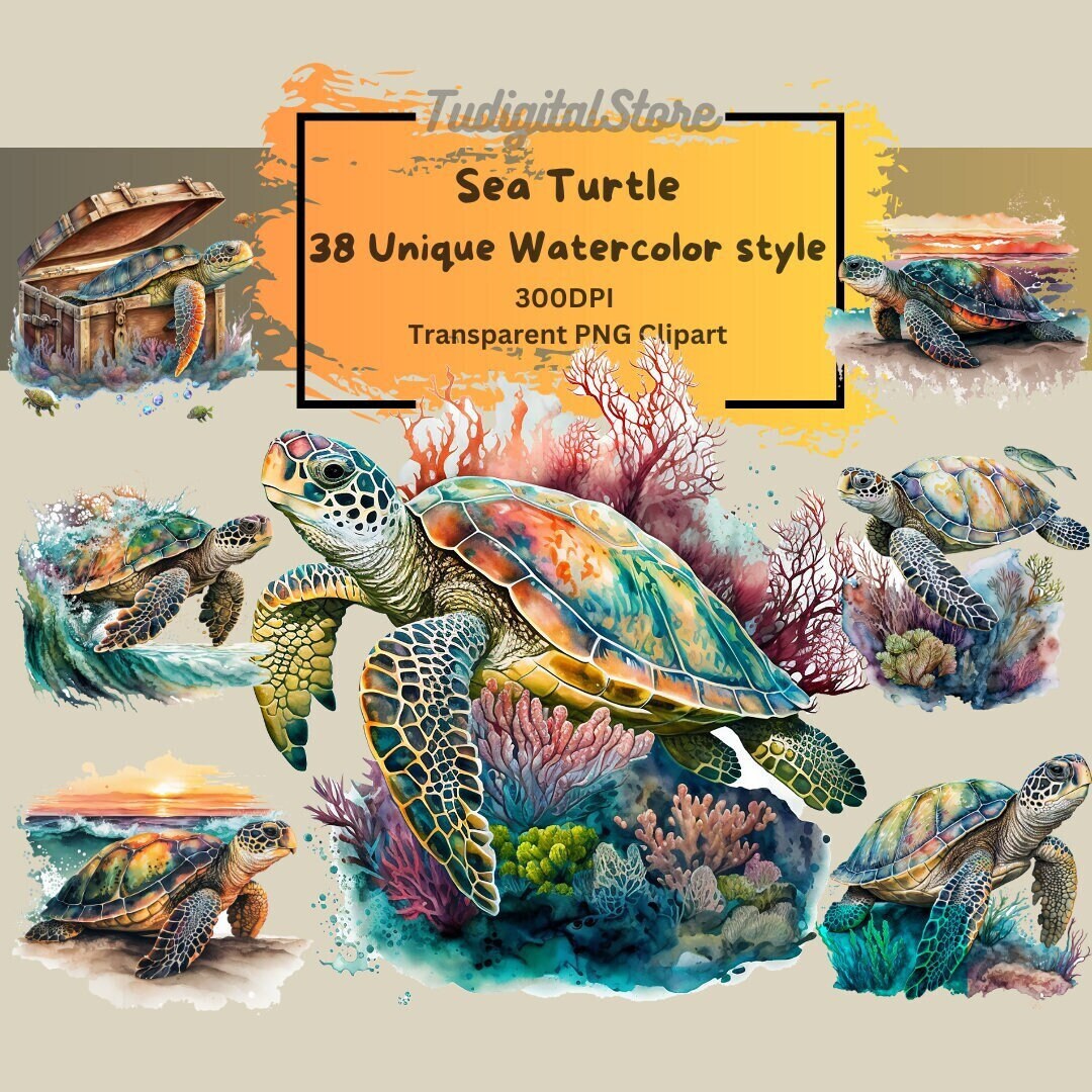 Watercolor Colorful Sea Turtle Clipart - 38 Ocean Animals PNG - Cute ...