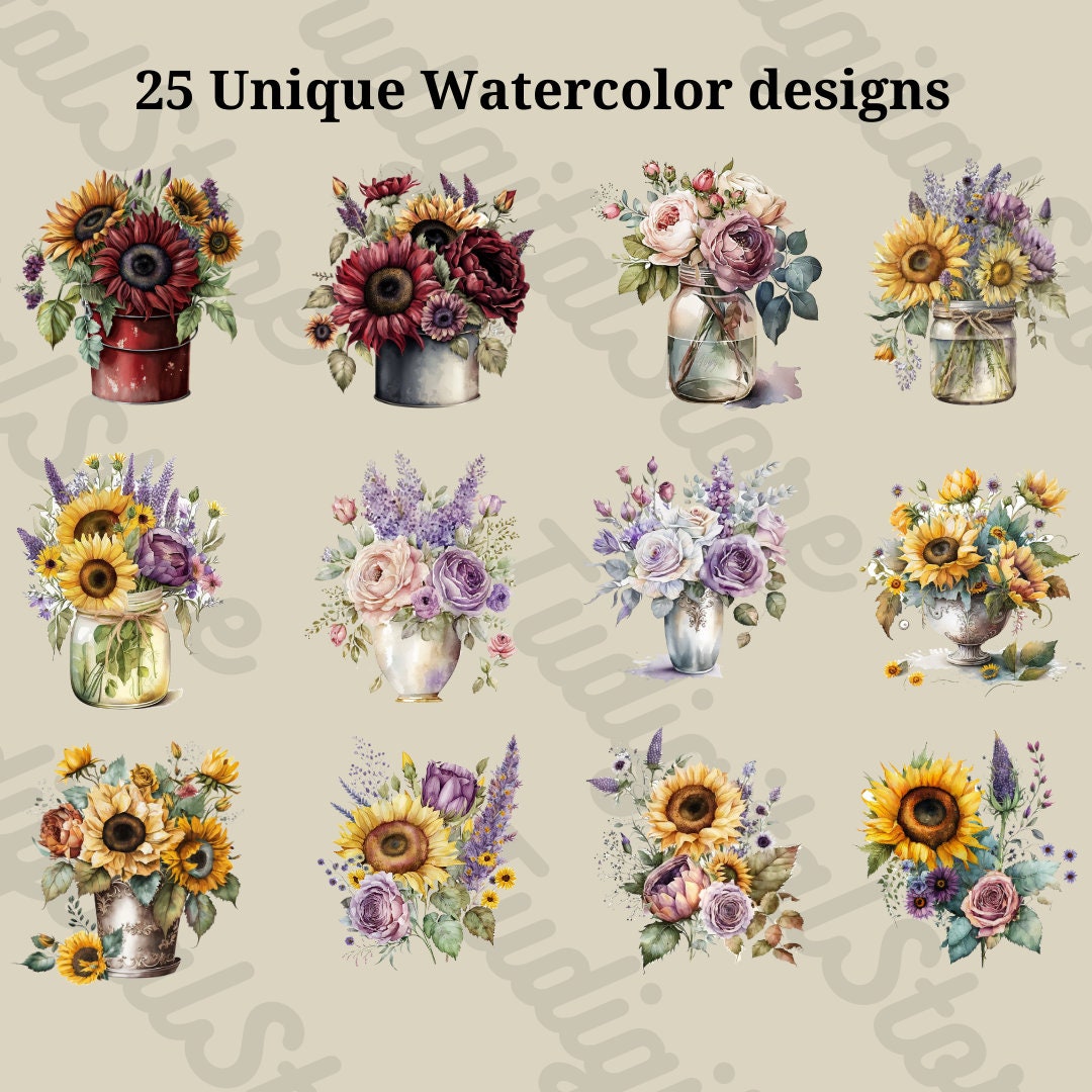 Watercolor Sunflowers & Roses Bouquets Clipart - Summer Floral Bouquets ...