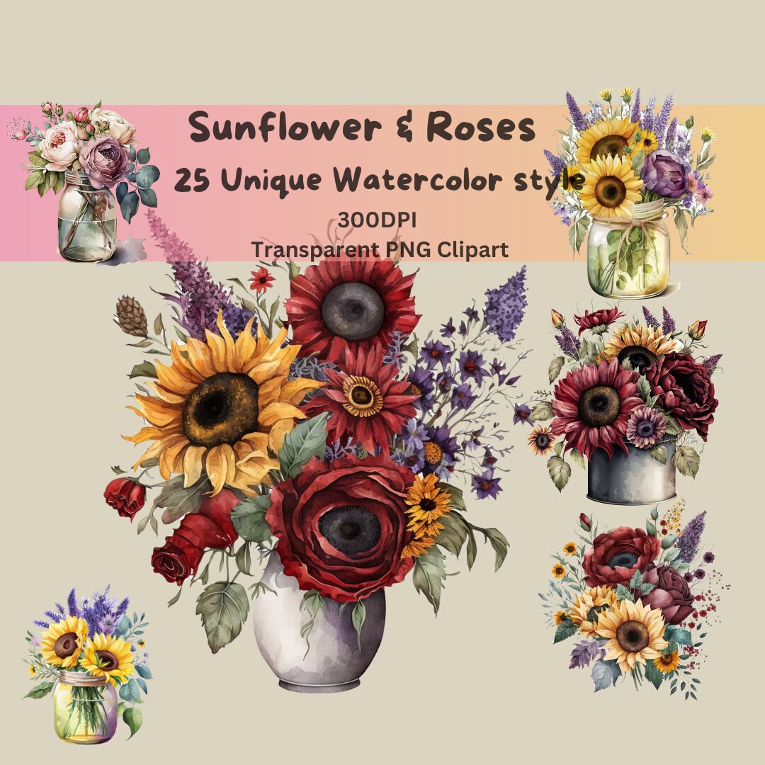 Watercolor Sunflowers & Roses Bouquets Clipart Summer Floral - Etsy