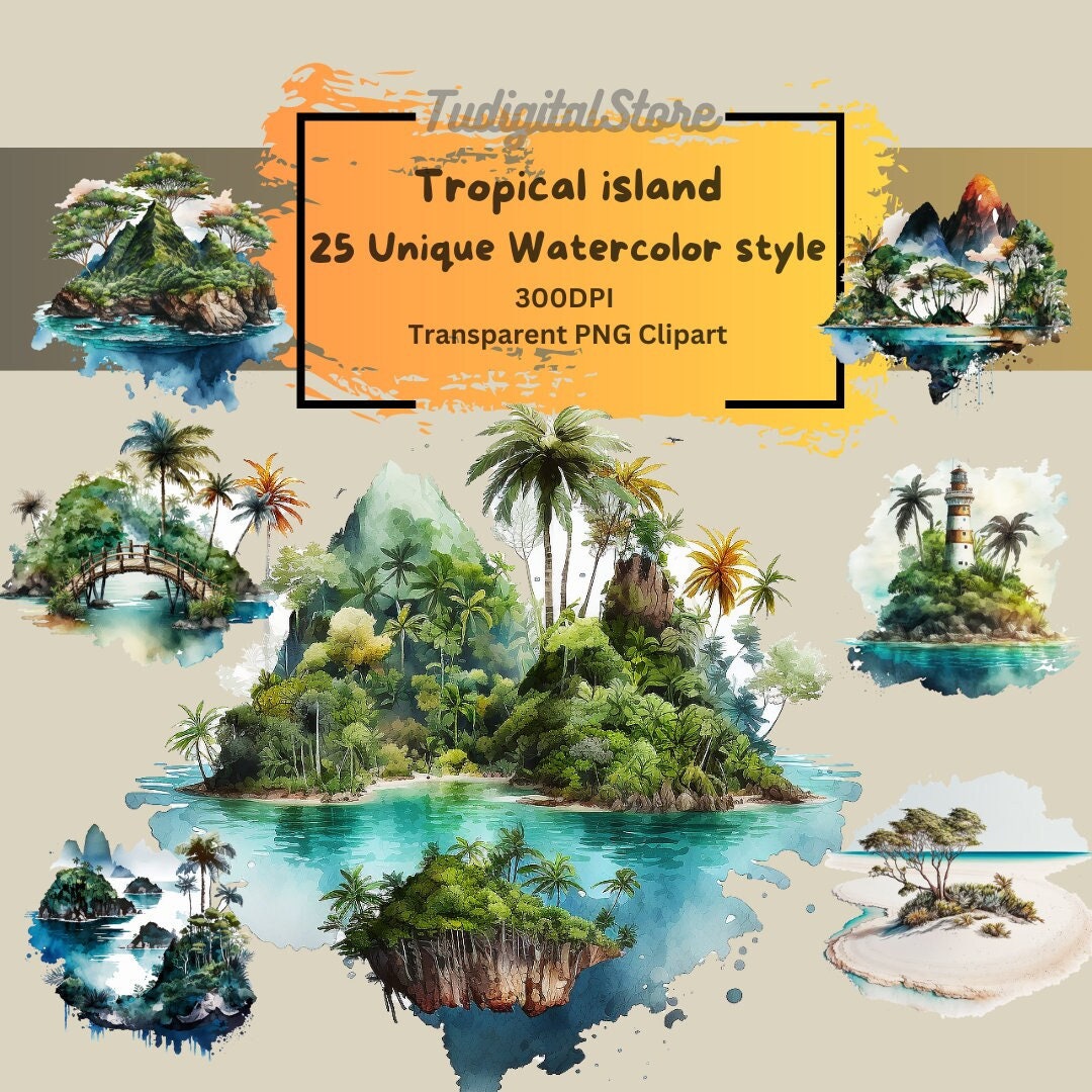 Watercolor Tropical Islands Clipart - Summer PNG - 25 Ocean and Beach ...