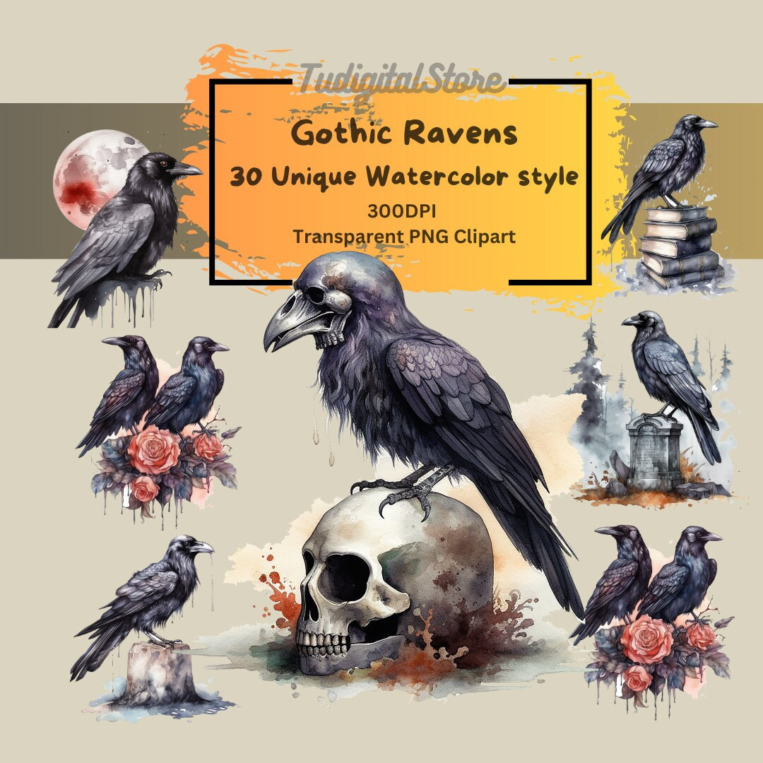 Watercolor Gothic Ravens Clipart - 30 Gothic Ravens Clipart - Crow ...