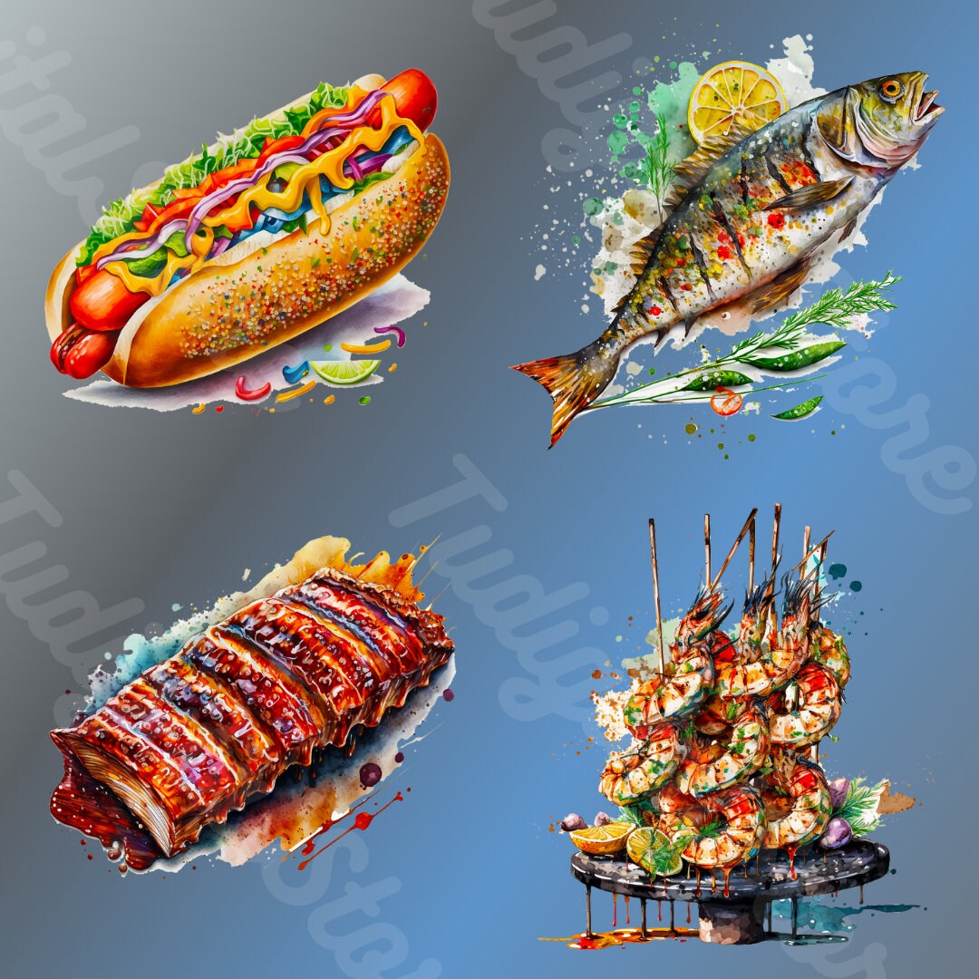 Watercolor BBQ Clipart 43 Delicious PNG Bundle Food PNG Grill Steak ...