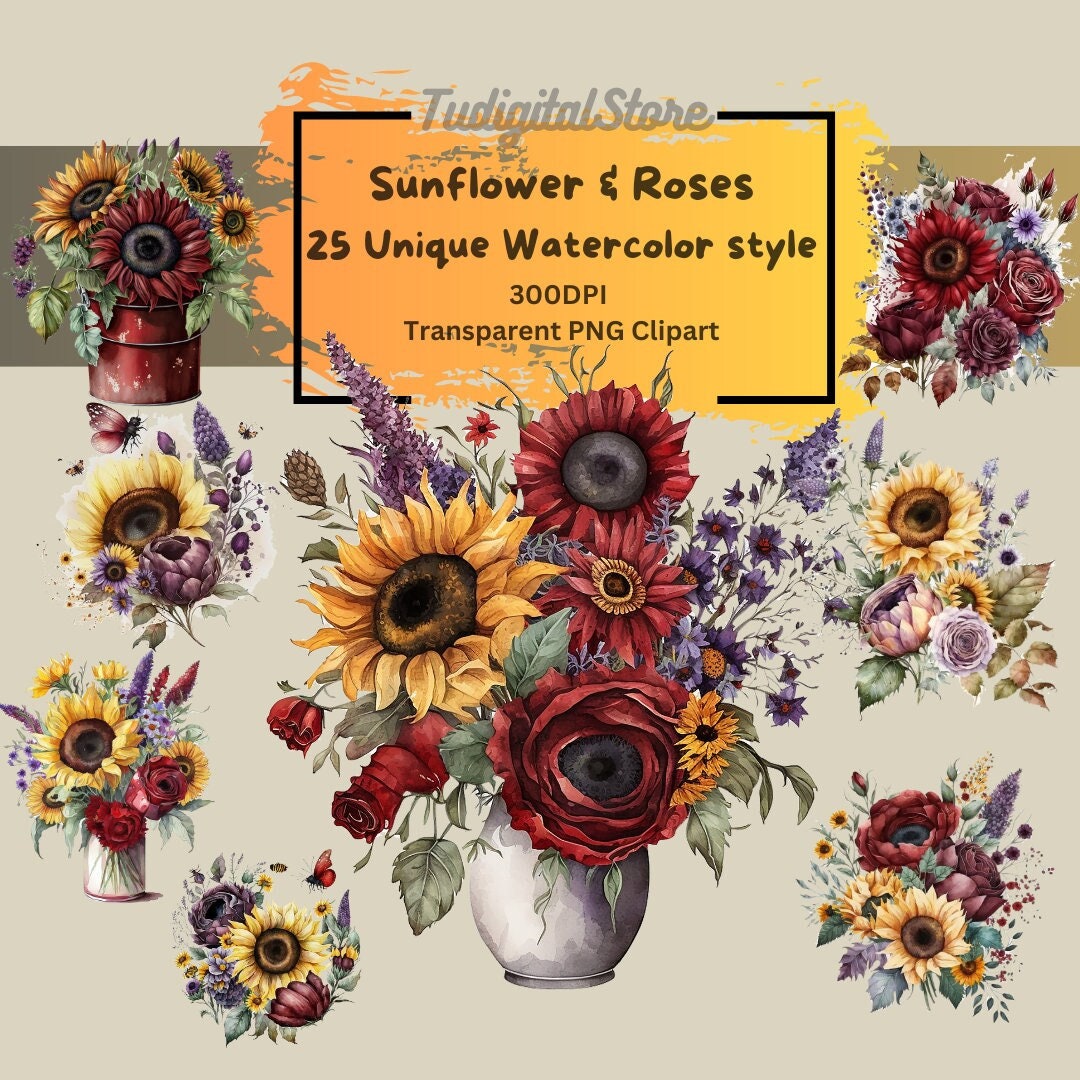 Watercolor Sunflowers & Roses Bouquets Clipart - Summer Floral Bouquets ...