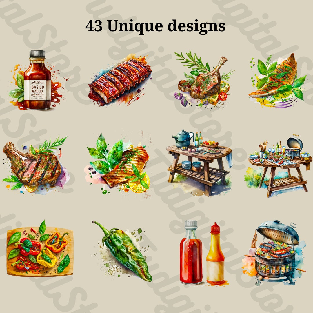 Watercolor BBQ Clipart 43 Delicious PNG Bundle Food PNG Grill Steak ...
