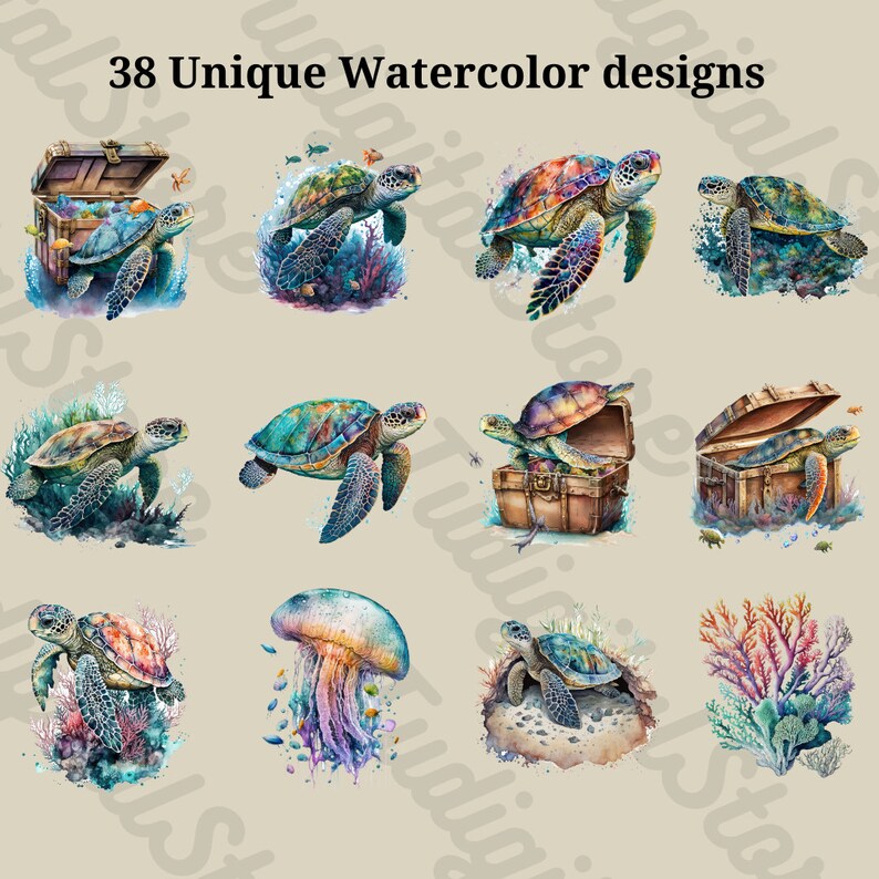 Watercolor Colorful Sea Turtle Clipart - 38 Ocean Animals PNG - Cute ...